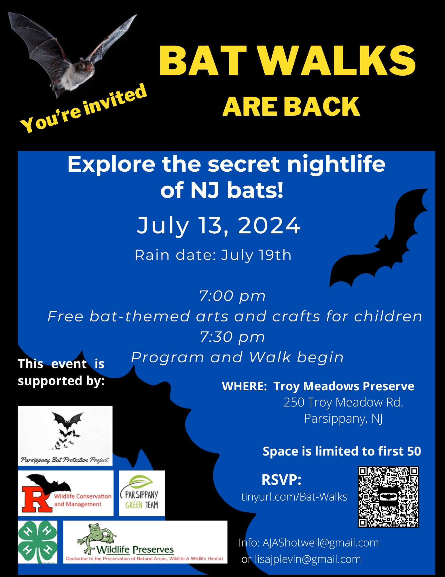 July 13, 2024: Bat Walk at Troy Meadows – Wildlife Preserves